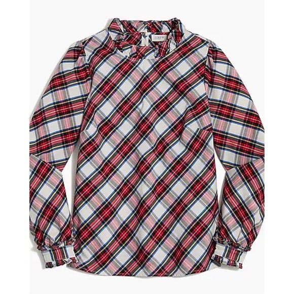 J. Crew Factory | Tops | New Jcrew Factory Cotton Poplin Ruffleneck Top Red White Plaid Preppy ...